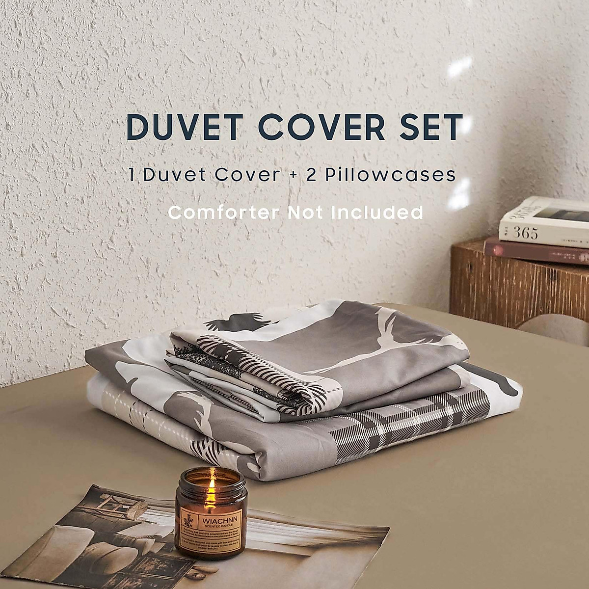 Wake In Cloud - Rustic Duvet Cover Set, Cabin Christmas Lodge Western Country Bear Deer Holiday RV Outdoor Theme, Soft Lightweight Bedding, 3-Piece, Taupe Brown, Queen Size