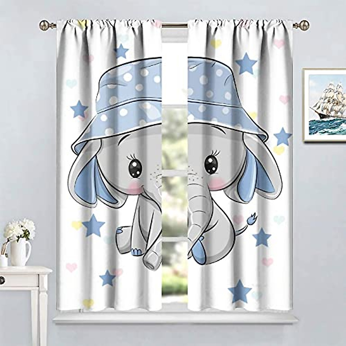 Denruny Cartoon Cute Elephant Curtain Nursery Baby Elephant with Blue Hat Windows Drapes for Nursery Room Kids Room Gifts for Boys and Girls Rod Pocket 2 Panels 63L x 21W