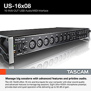 Tascam US-16x08 Rackmount USB Audio/MIDI Interface for Recording, Drum Recording, 8 XLR/8 1/4" Inputs, 8 Outputs, Control Software,Black