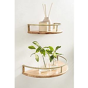Kate and Laurel Camryn Boho Half Moon Wall Shelf Set, Set of 2, Natural Wood and Gold, Decorative Bohemian Half Circle Shelf for Household Storage and Boho Decor