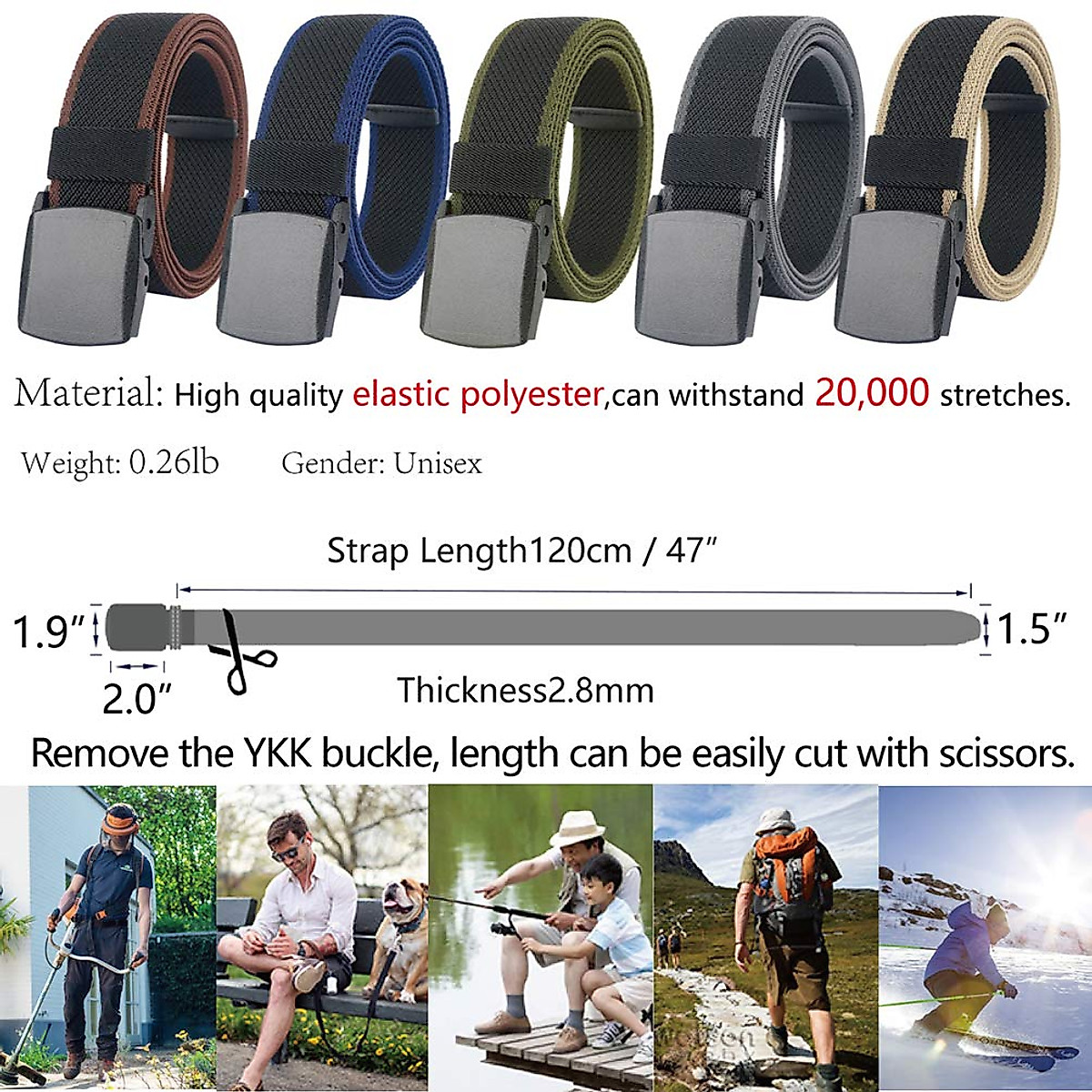 LionVII Men's Elastic Stretch Belts - Breathable Canvas Web Belt for Men No-Metal Plastic Buckle for Travel Work Adjustable [49" L x 1.5" W](Black & Gray)