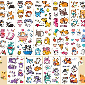 Ooopsiun Dog and Cat Temporary Tattoos for Kids,14 Sheets Cute Dog Cat Birthday Party Supplies Favors Fake Tattoos Art Craft for kids Boys Girls