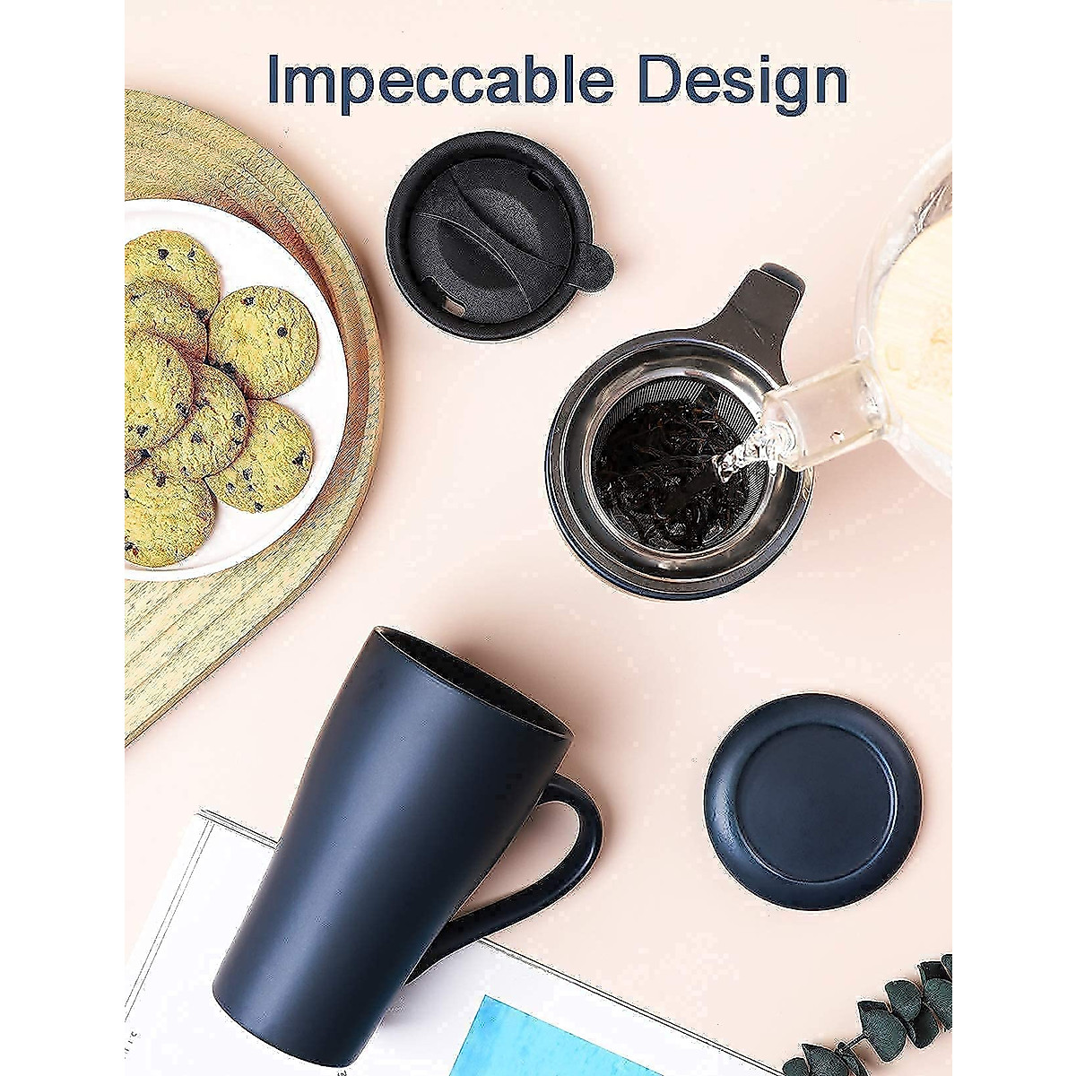 ARRADEN Two Set Tea Cup with Infuser and 4 Lids, 18oz Large Tea Infuser Mug, Tea Strainer Cup for Loose Tea, Travel Mug with Tea Bag Holder