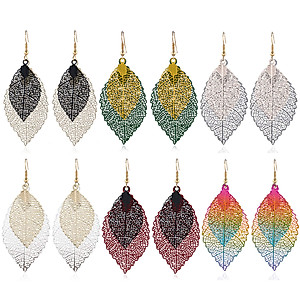 ATIMIGO 6 Pairs Metal Leaf Boho Dangle Earrings Colorful Pendant Drop Hook Statement Earrings Set for Women