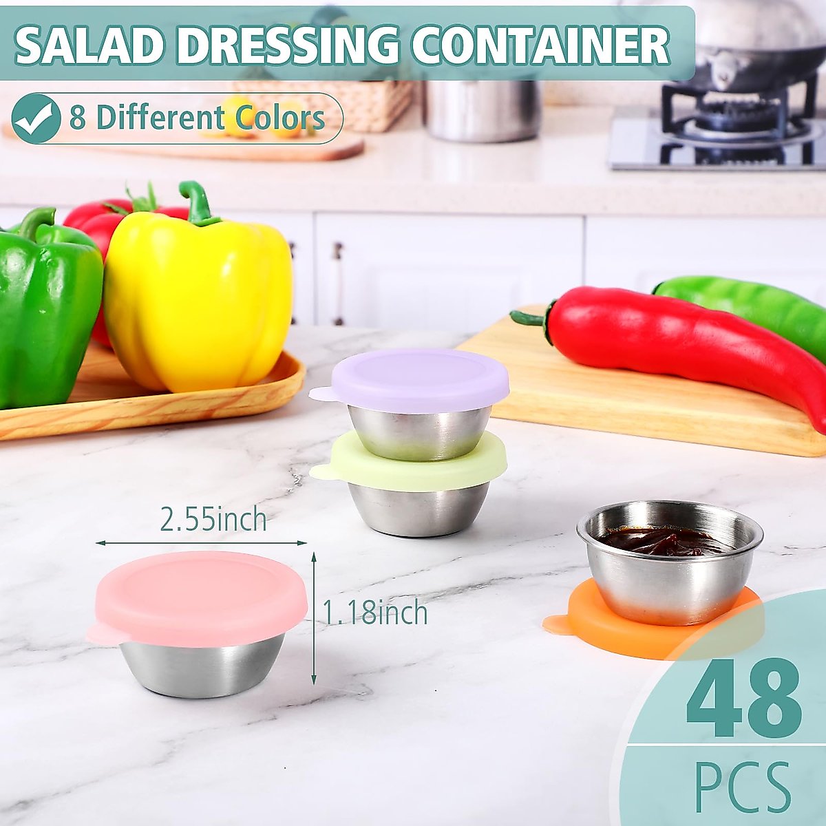 Uiifan 48 Pcs 1.6 oz Salad Dressing Container Small Condiment Containers with 8 Colorful Leakproof Lids Reusable Mini Stainless Steel Sauce Cup Storage Dip Containers for Lunch Bento Box Picnic Travel