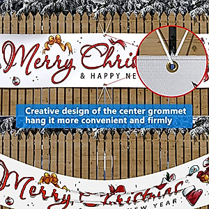 Large Merry Christmas Banner Xmas Outdoor Decorations Double Printed Happy New Year Cute Presents 120" x 20" Huge Yard Sign Holiday Party Supplies Backdrop Home Decor Ornaments for Garden House Fence Garage Indoor Gifts