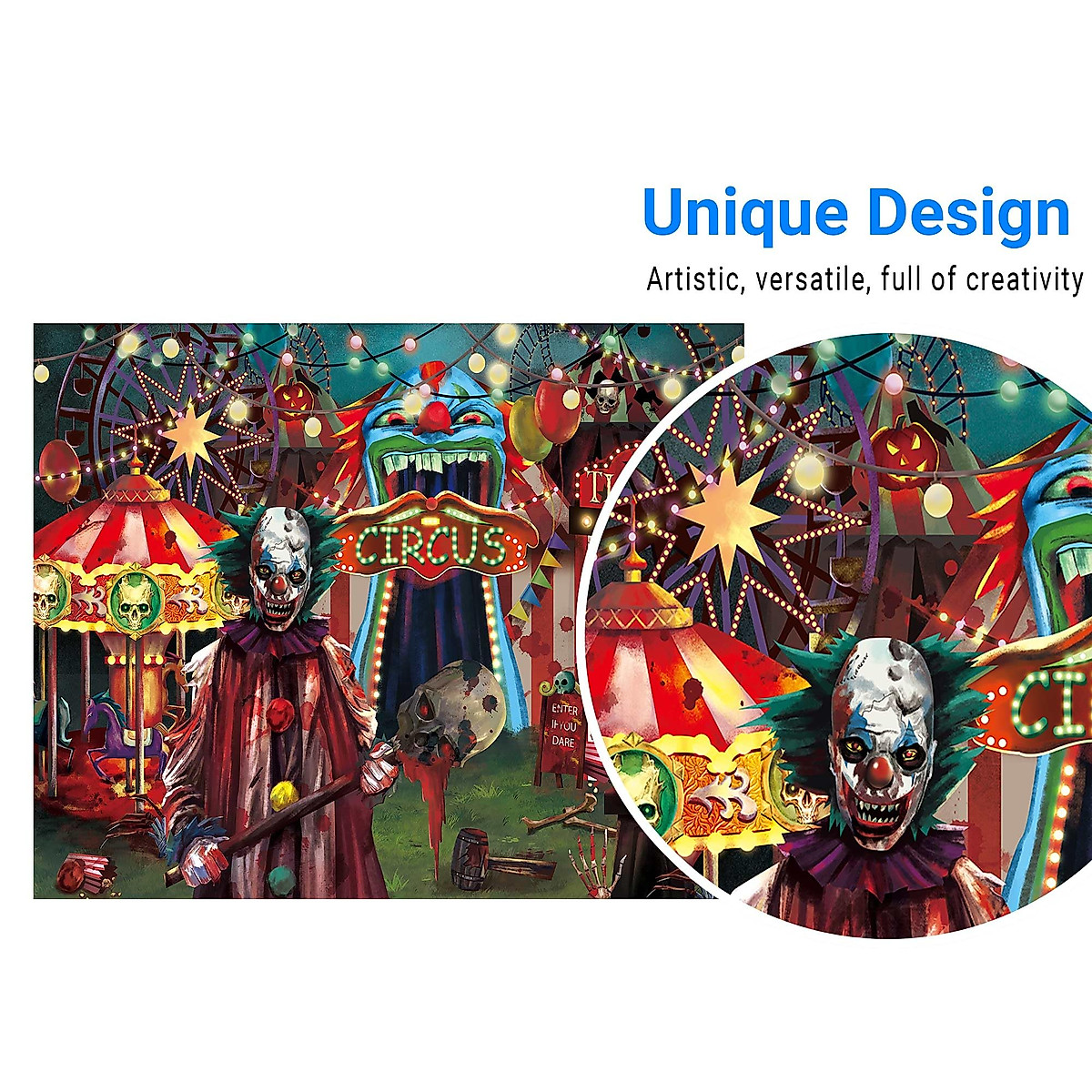 Funnytree 10x8FT Halloween Evil Circus Theme Backdrop for Photography Clown Creepy Carnival Haunted House Horror Scary Birthday Party Decorations Banner Home Decor Photo Booth Props Background