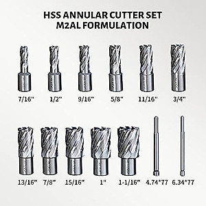 M2AL HSS Annular Cutter Set 13pcs LYXC 3/4'' Weldon Shank 1'' Cutting Depth 7/16'' to 1-1/16'' Cutting Diameter with 2pc Pilot Pins for Mag Drill Press