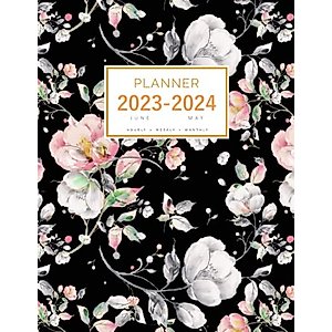 Planner June 2023-2024 May: 8.5 x 11 Large Notebook Organizer with Hourly Time Slots | Beautiful Watercolor Flower Design Black