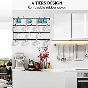 Wall Mount Coffee Mug Holder, Wrought Iron Coffee Tea Cup Hanging Rack Display Organizer Space Saving Mug Hanger with 30 Hooks for Home Kitchen Farmhouse Storage and Collection(4 Tier)