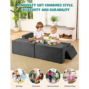Kidirect Modular Kids Play Couch, K12 320+DIY Convertible Foam Play Couch for Boys & Girls, Versatile Kids Play Couch Building Fort, Child Sectional Kids Sofa Couch for Playroom Bedroom (Space Grey)