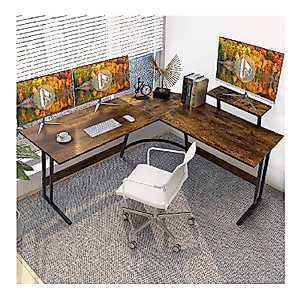 Escritorio en Forma de L, escritorio de esquina de oficina en casa, escritorio Grande para computadora de estudio con soporte de Monitor extraíble, Marrón