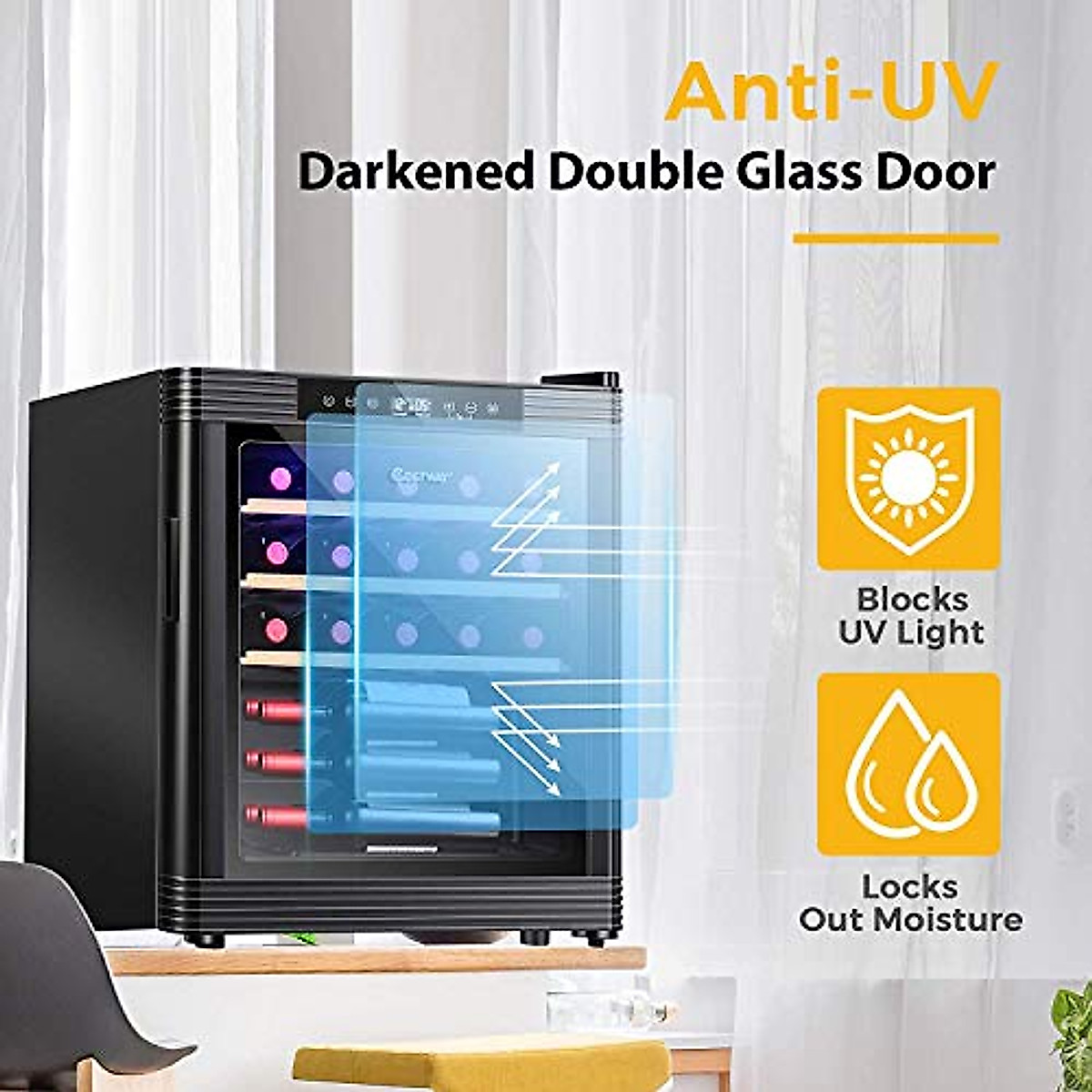 Nightcore Wine Cooler, 24 Inch Wine Fridge for 21 Bottles, Freestanding Wine Refrigerator with Digital Temperature Display, Wooden Shelves, Glass Door, Built-in LED Light