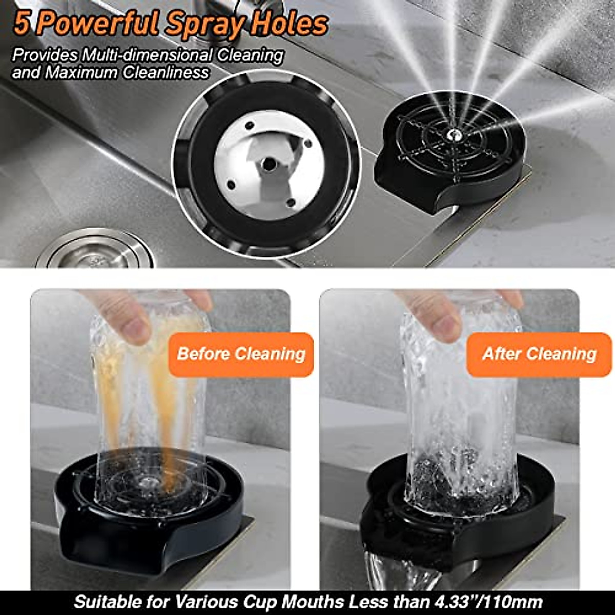 Genround Glass Rinser, Easy to Install Bottle Washer, Stainless Steel Glass Rinser for Kitchen Sinks, Bar Glass Rinser for Red Wine Glass Wash, Kitchen Sink Accessories, Automatic Flushing Device