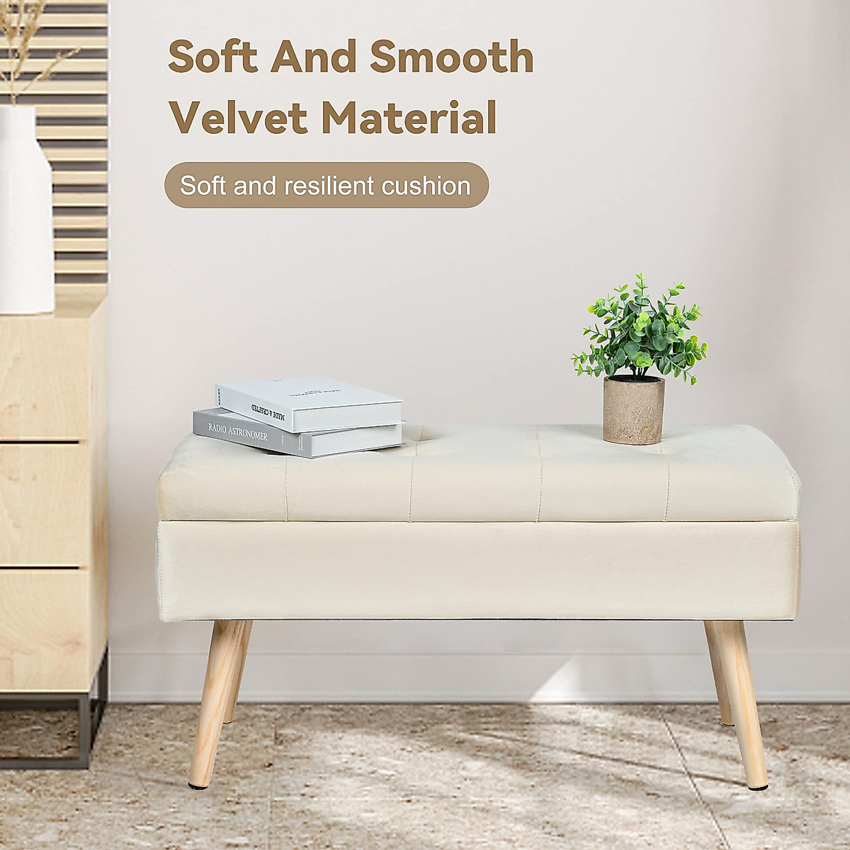 Nalupatio Storage Ottoman, Upholstered Fabric Ottoman with Safety Hinge, Padded Rectangular Footstool, Bench for Living Room & Bedroom (White)