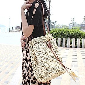 CLARA Women Summer Beach Bag Straw Weave Bucket Bag Drawstring Shoulder Bag Tote Bag Handbag Purse(Beige)