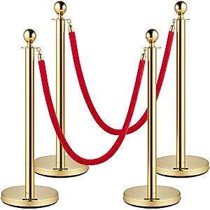 VEVOR Velvet Ropes and Posts 4 Pcs, 5 ft Red Velvet Rope, Stanchion Post with Ball Top, Crowd Control Barriers Gold Stanchions, Red Carpet Poles, Crowd Control Ropes and Poles for Party Supplies