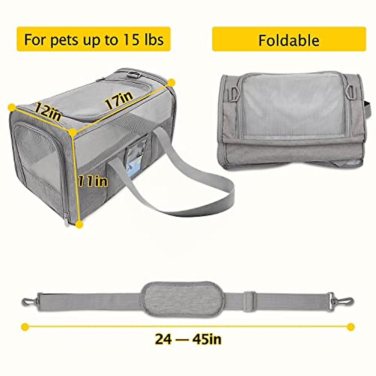 Refrze Pet Carrier Airline Approved, Cat Carriers for Medium Cats Small Cats, Soft Dog Carriers for Small Dogs Medium Dogs, TSA Approved Pet Carrier for Cats Dogs of 15 Lbs, Puppy Carrier,Grey