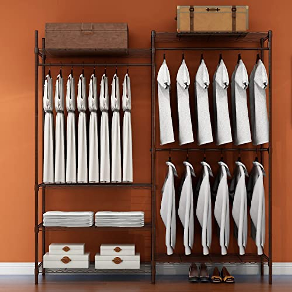 XIOFIO Heavy Duty Garment Rack, Metal Clothing Rack with 3 Hanging Rods and 6 Adjustable Shelves, Freestanding Open Wardrobe Organizer for Hanging Clothes,54"L x 16.5"W x 76.7"H Max Load 600LBS, Black