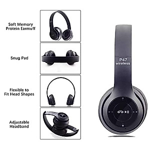 Gaea P47 Wireless Headphones Rechargeable Bluetooth 5.0 Over Ear Headphones Foldable Headset with Built-in Mic Lightweight Headset with Wired Mode for Kids Adults Black