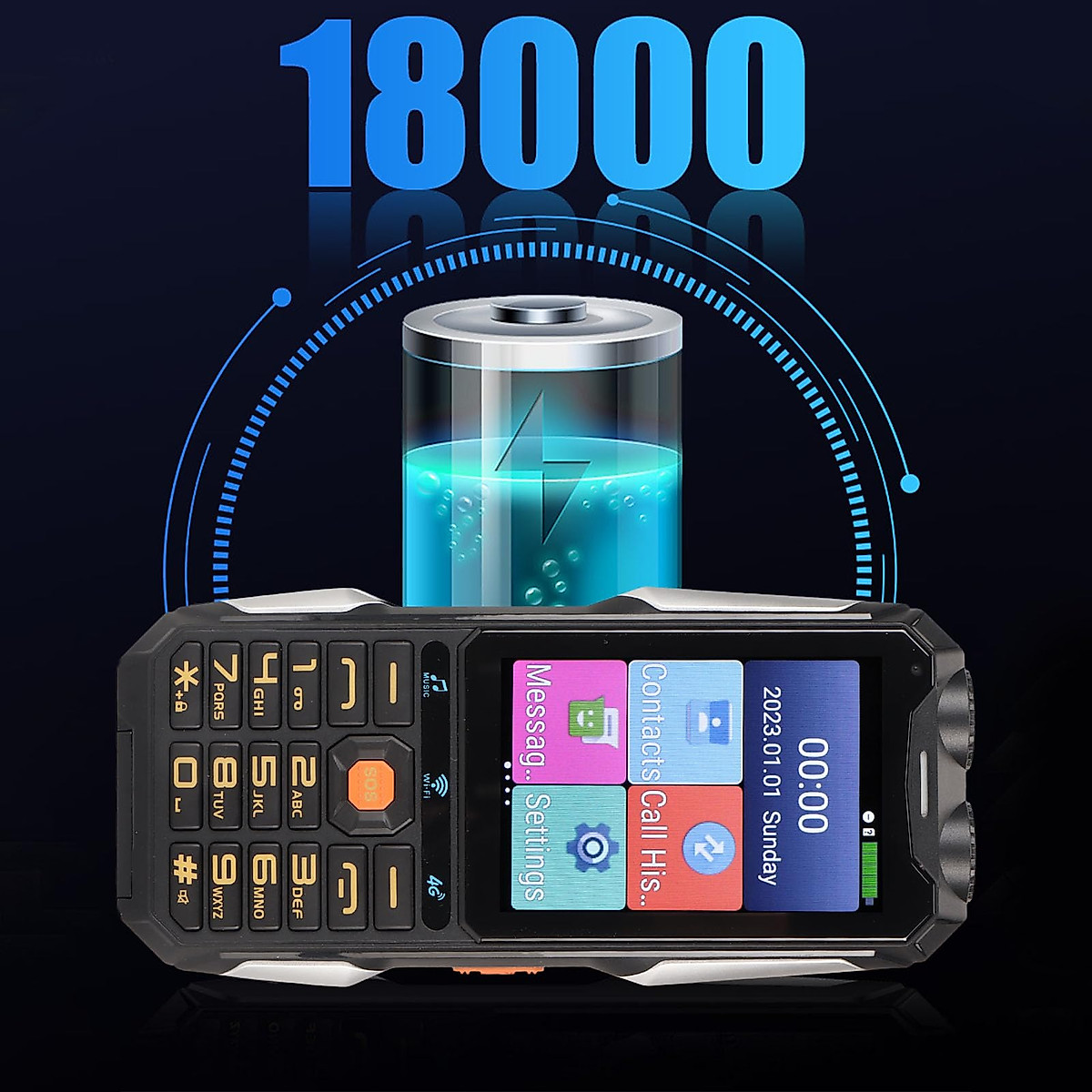 Cuifati Senior 4G Cellphone, 4in Large 18000mAh Battery Night Lighting Sound Easy Speed Dialing Rugged Phone for Android 7.0 (Black)