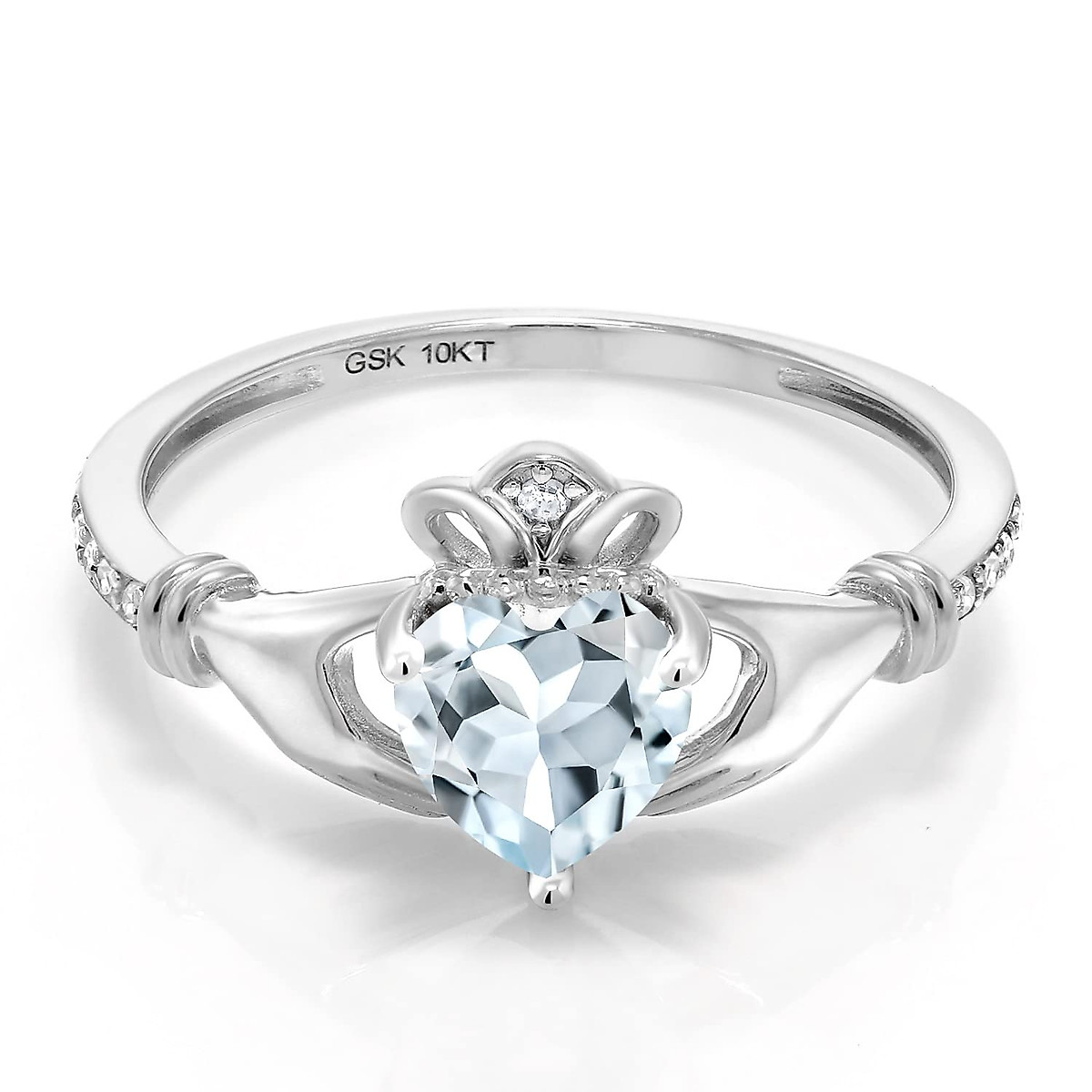 Gem Stone King 10K White Gold Sky Blue Aquamarine and White Diamond Irish Celtic Claddagh Ring For Women | 0.79 Cttw | Heart Shape 6MM | Gemstone Birthstone, Available In Size 5, 6, 7, 8, 9