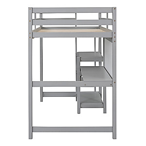 GINGVAT Twin Size Loft Bed with Desk and Shelves,Wooden Loft Bed Frame with Writing Board,for Kids Teens Boys Girls,No Spring Box Needed,Gray