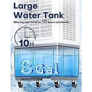 Evaporative Air Cooler, Breezewell 2100 CFM Outdoor Air Conditioner, 8 Gallon Windowless Air Conditioner for Room w/ 3 Speed, 4 Ice Pack, 4 Scroll Casters, Swamp Cooler for Outdoor Indoor Use