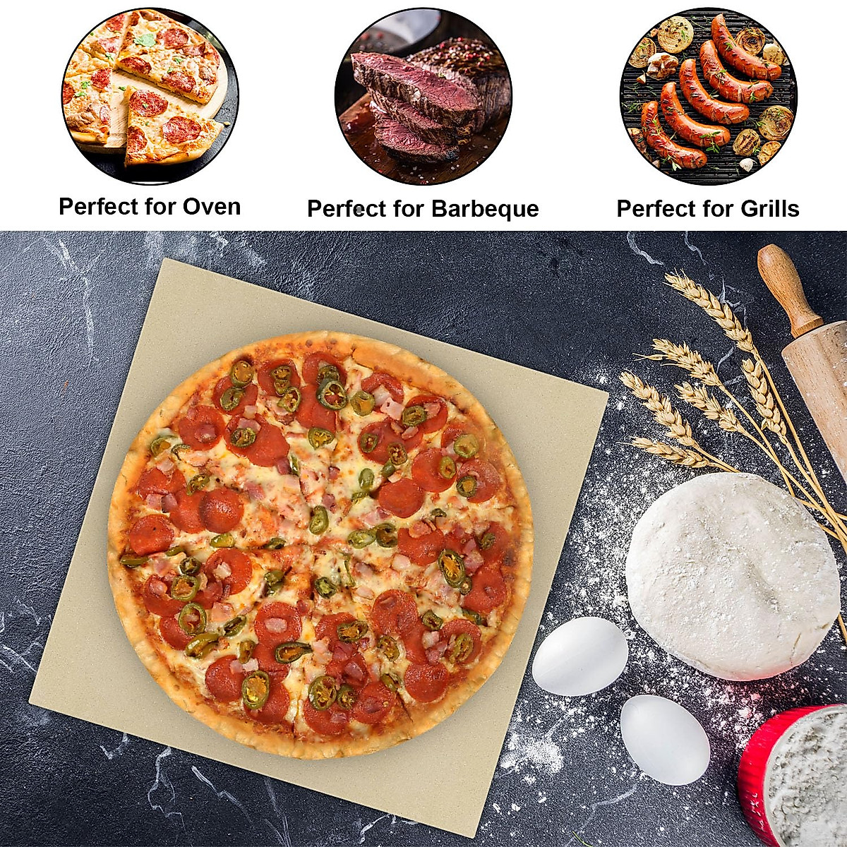 13.2" Square Pizza Stone Replacement for Ooni Koda, Karu & Fyra 12, Ooni 3 Pizza Oven, Big Horn Oven, Cordierite Baking Pizza Stone for Ooni Pizza Stone Accessories, Most Grill & Oven,for Bread &Pizza