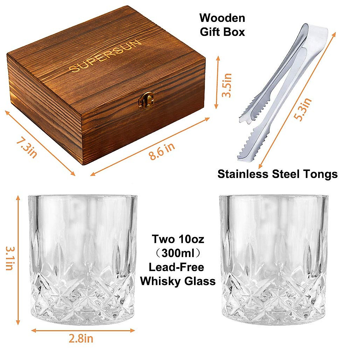 Whiskey Glasses Stones Gifts Set for Men, Pack of 2, 10 oz Scotch Bourbon Glasses, 8 Chilling Rocks and Wooden Box for Him, Boyfriend, Dad, Husband, Father, Groomsmen, Birthday, Anniversary