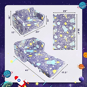 Kirumie Kids Couch Glow in The Dark, Toddler Couches That Fold Out, 2-in-1 Convertible Sofa to Lounger, Soft Kids Sofa with Blanket, Toddler Chair Comfy Sofa for Baby Boys Girls, Space & Blue