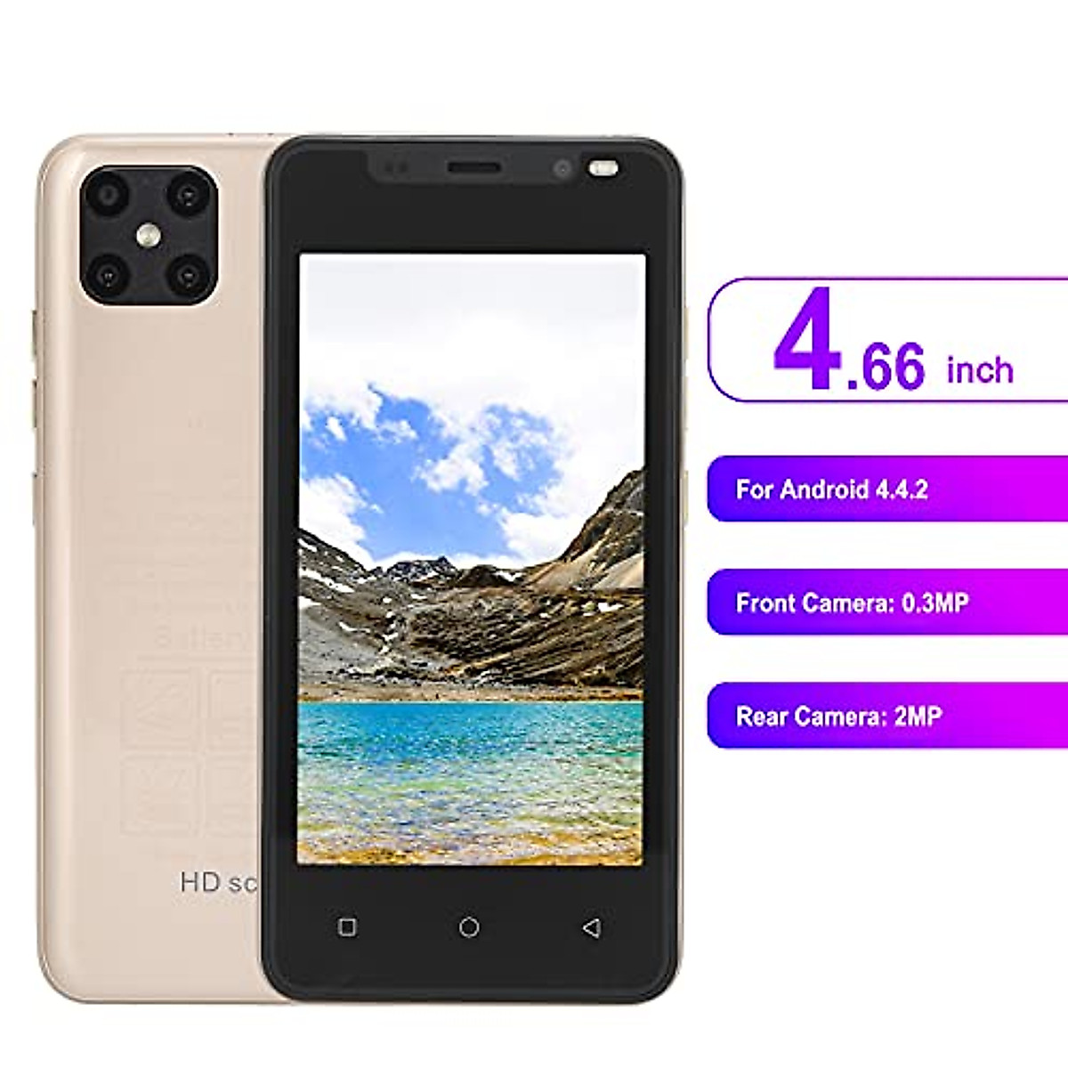 IP 12 Pro 4.66in Unlocked Smartphone, 512MB+4GB, for Android 4.4.2, 0.3MP+ 2MP,1500mAh, Dual Card Dual Standby Cell Phone, WiFi+BT+FM Supported, Expanded 128GB Memory(Gold)