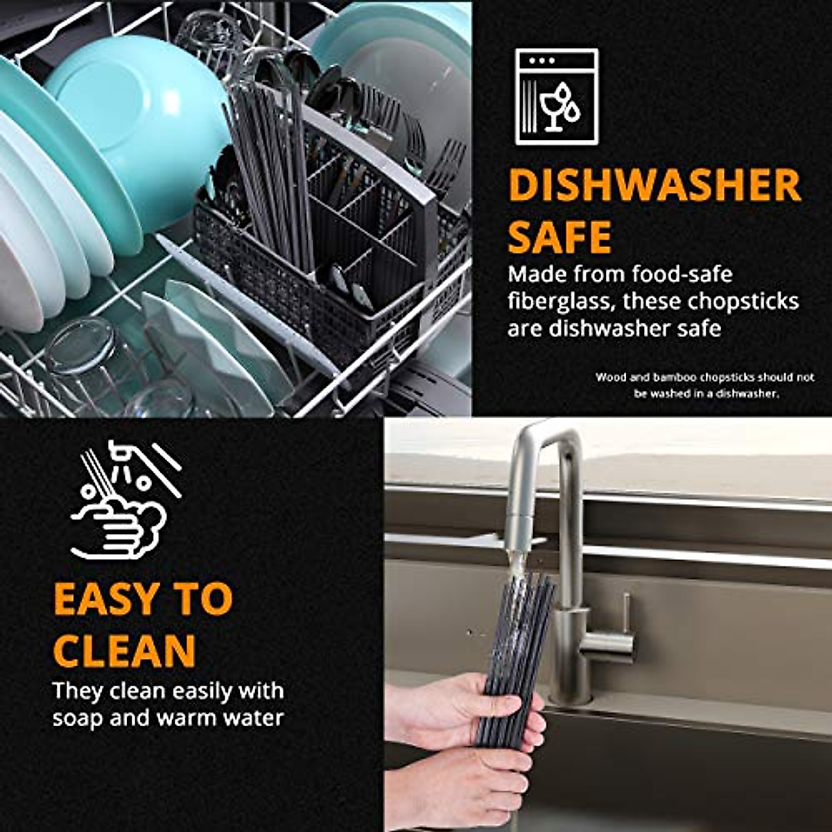 Lourmet 10 Pair Fiberglass Chopsticks – 9.5 Inches Long Reusable Chopsticks Dishwasher Safe for Asian Food, Light Weight Japanese Chopsticks Strong Grip Sturdy Material – Black Chopsticks Set