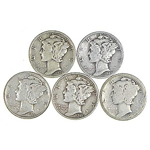 5 Coin Lot Silver Mercury Dime. Beautiful Authentic"Fascist" USA Coin With Fasces Same Symbol Later Used By Benito Mussolini Dime Circulated Graded by Seller