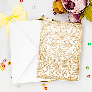 Builcker 20PCS Set Laser Cutting Gold Glitter Invitation Card Greeting Card Graduation Party Wedding Birthday Party Hollow Invitations Flip Invitation Pocket With Envelope (Gold Glitter)
