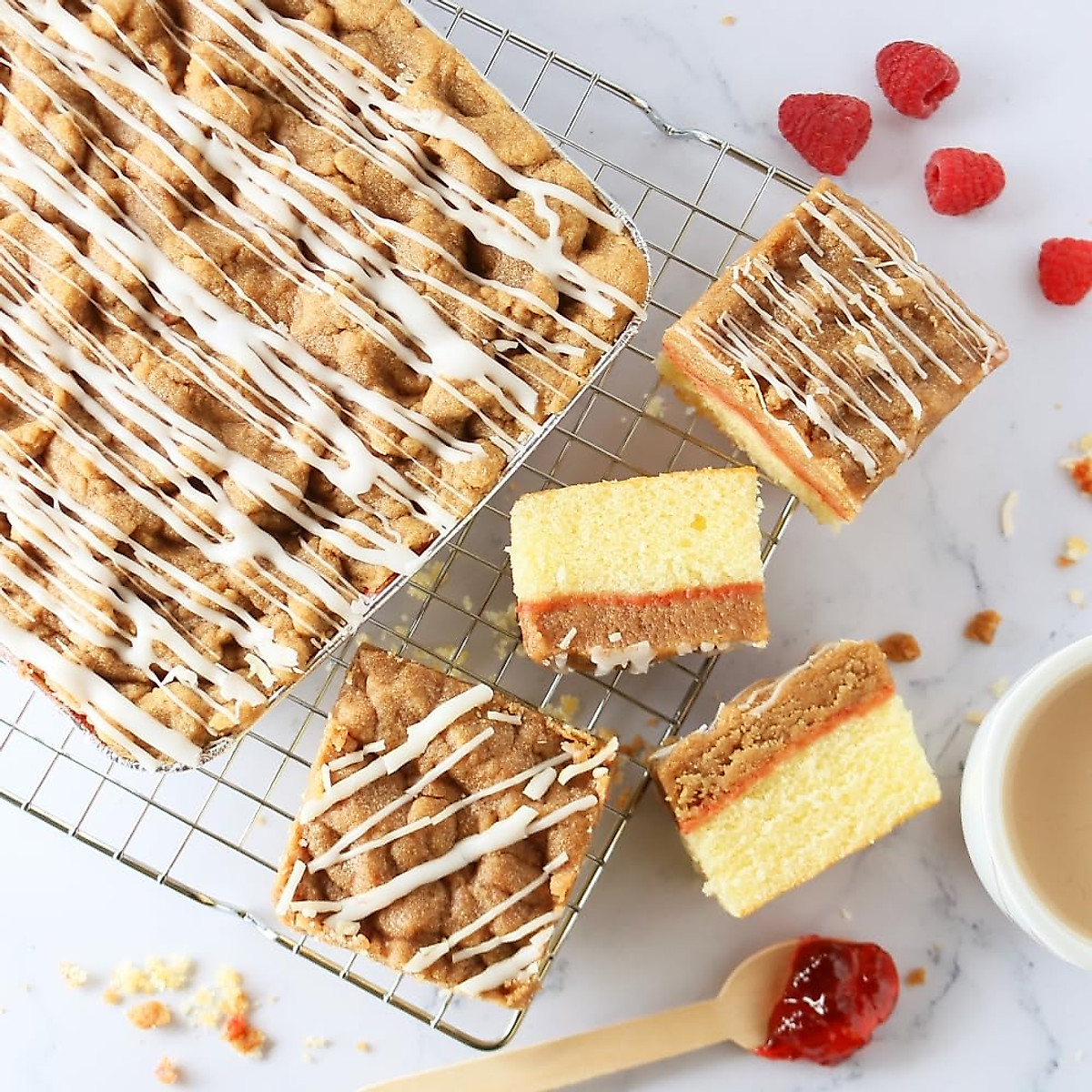 Dulcet Gift Baskets Happy Birthday Deluxe Bakery Gift Box, Includes Fresh Baked Raspberry and Old Fashioned Crumb Cake with Candles and Balloons, Ideal Present for Men Women Family Friends or Teens.