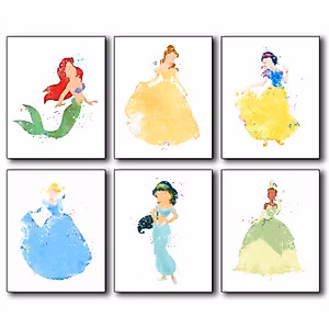 BigWig Prints Disney Princess Wall Art - Watercolor Poster Prints Featuring Ariel, Belle, Snow White, Cinderella, Jasmine, and Tiana, Kids Room Decorations, Art for Girls Room -Unframed 6 Pack (8x10)