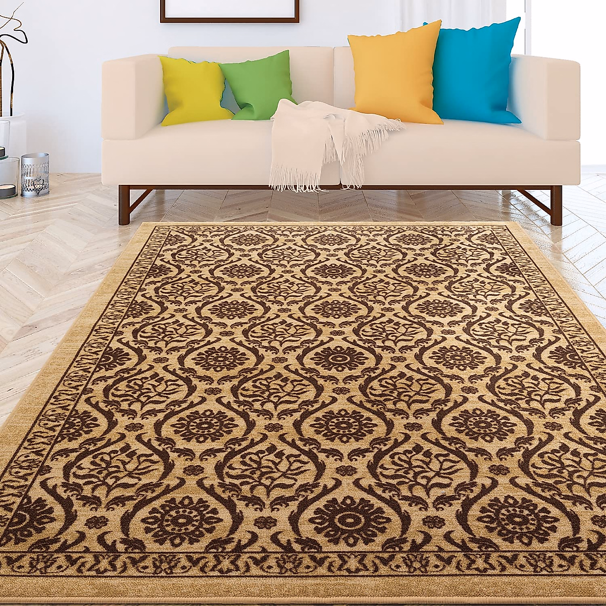 Antep Rugs Alfombras Non-Skid (Non-Slip) 8x10 Rubber Backing Floral Geometric Low Profile Pile Indoor Area Rugs (Brown, 7'10" x 10')