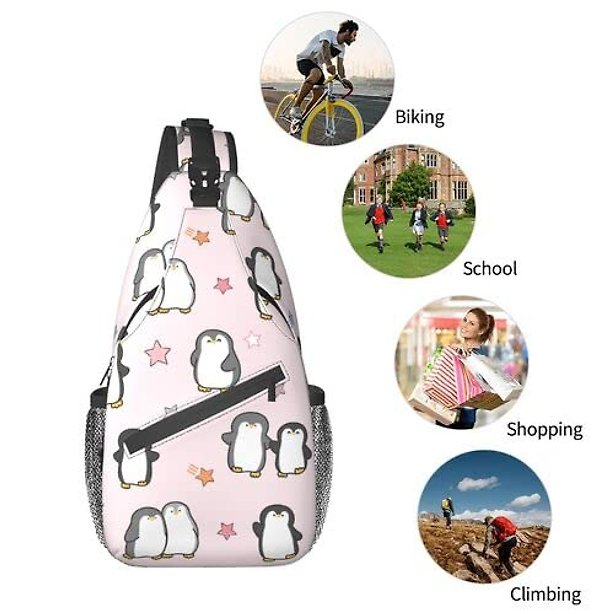 Penguin Pink Sling Bag Crossbody Shoulder Bag Backpack Adjustable Strap Chest Bag Lightweight Fashion Casual Daypack For Women Men Travel Hiking Sports Gym