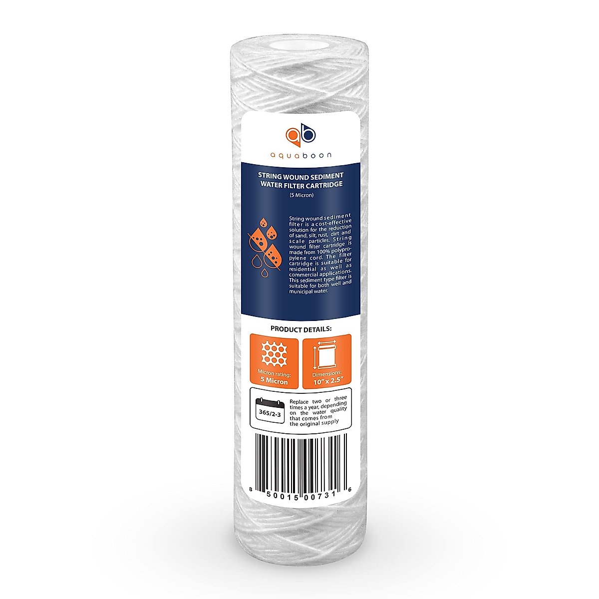 Aquaboon 5 Micron 10" x 2.5" String Wound Sediment Water Filter Cartridge | Universal Replacement for Any 10 inch RO Unit | Compatible with WP-5, AP110, CFS110, P5, WFPFC4002, WP-5, CW-MF, 25-Pack