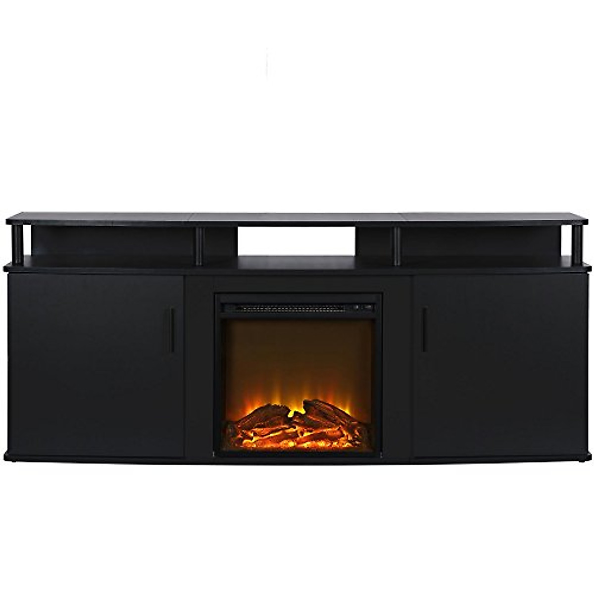 Ameriwood Home Carson Fireplace TV Stand for TVs up to 70 Inch, Replaceable Electric Fireplace Insert Heater, Realistic Log and Flame Effect, For Living Room or Bedroom, Black