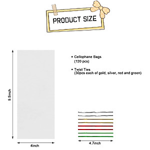 Cellophane Bags,120Pcs 4x9.5 Inch Clear Plastic Cellophane Treat Bags with 4.7" Twist Ties 4 Mix Colors, Large Party Favor Bags Goodies Bags OPP Treat Bags for Birthday Party Favors, Valentines, Easter, Weddings ,Halloween，Christmas Gift Wrapping