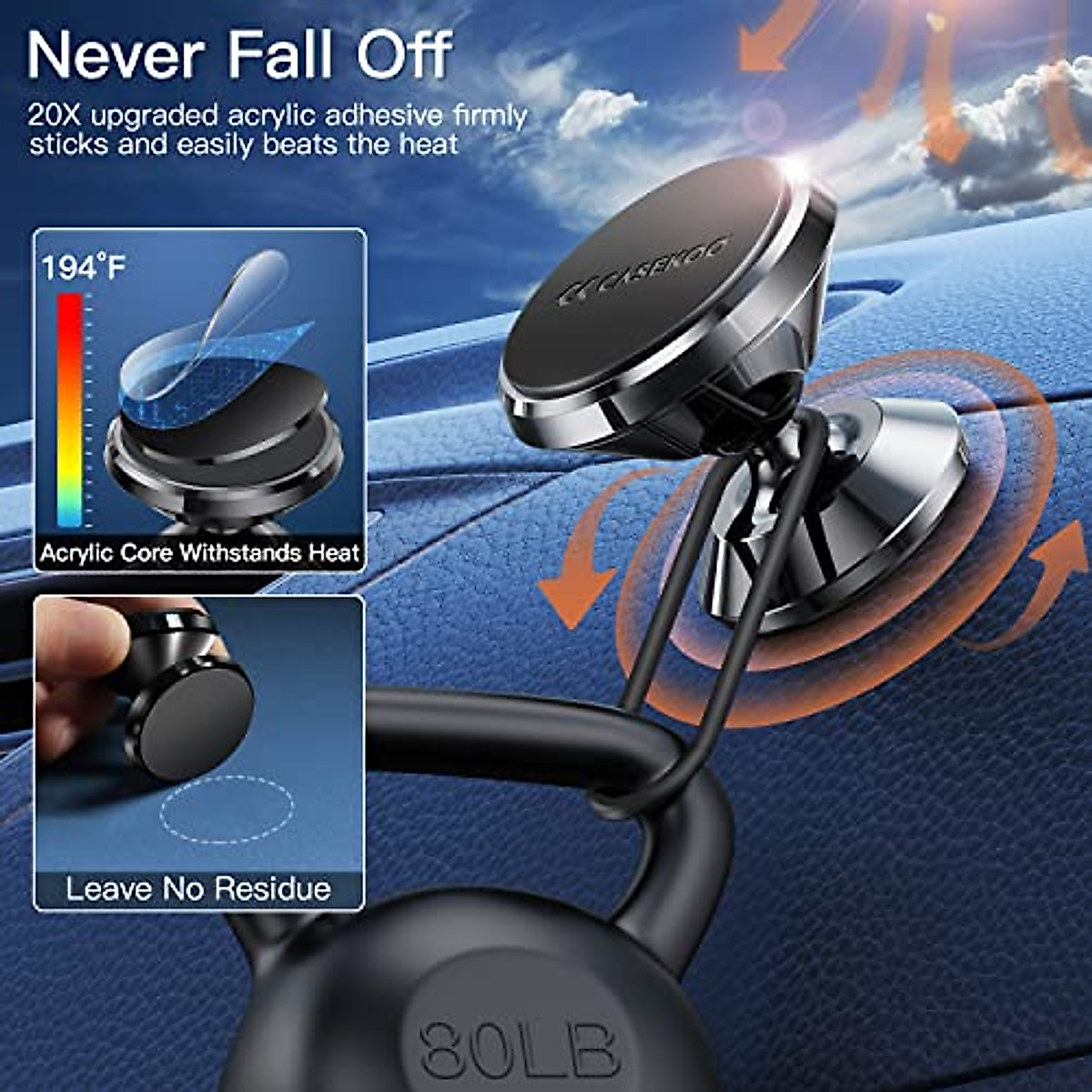 CASEKOO [Never Fall] Magnetic Car Mount [6X N52 Powerful Magnet] 360°Adjustable Alloy Dashboard Phone Holder for Car [2X Metal Plates] Fits for iPhone 11/12/13/14 Ultra 22/23 All Cell Phone