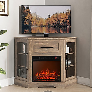 BELLEZE 43" Corner TV Stand with 18" Electric Fireplace Heater for TVs up to 43", Modern Corner Wood Entertainment Center with Glass Door Storage Cabinets - Dale (Rustic Oak)