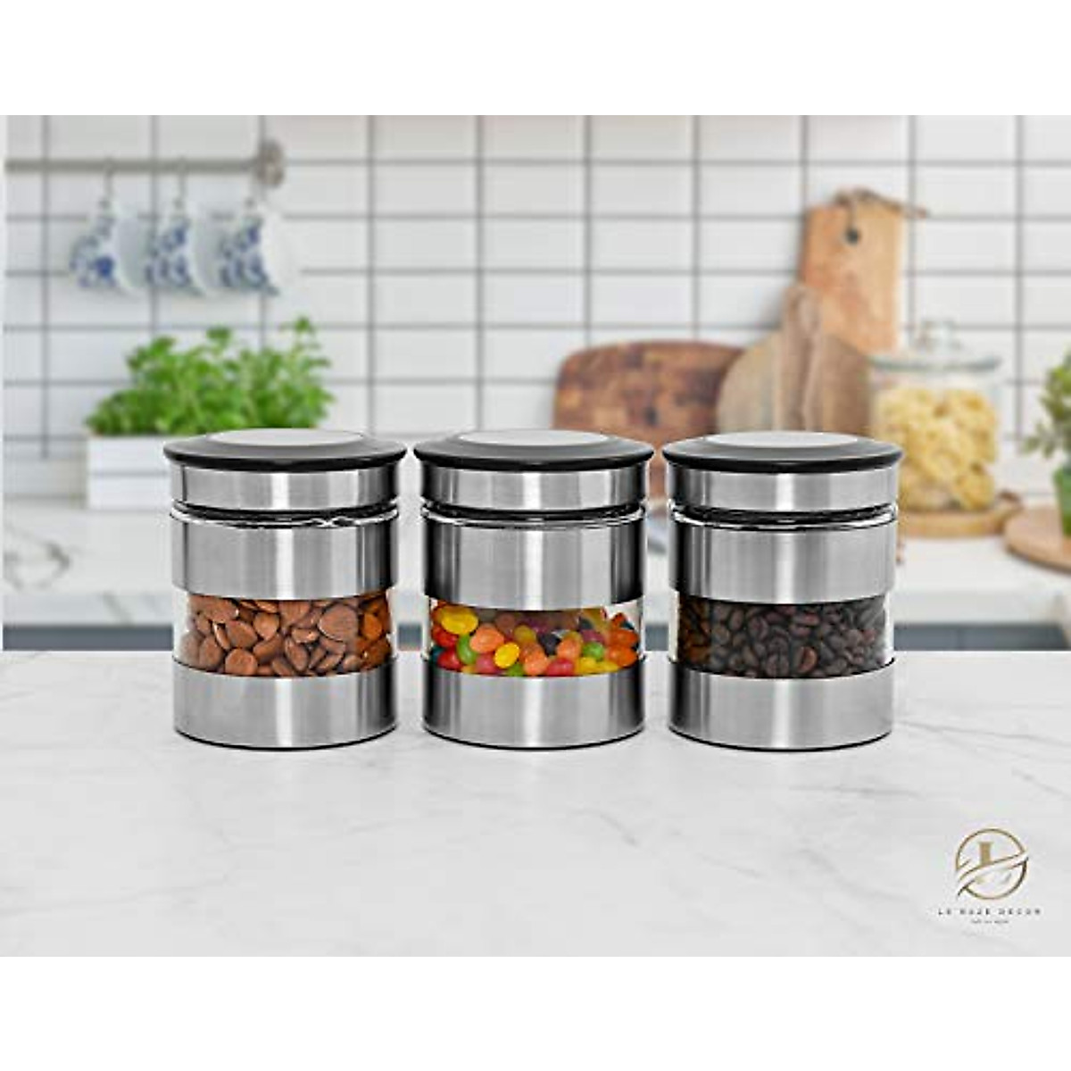 Le'raze Airtight Food Storage Container for Kitchen Counter with Window, [Set of 3] Canister Set Ideal for Flour Tea, Sugar, Coffee, Candy, Cookie Jar.