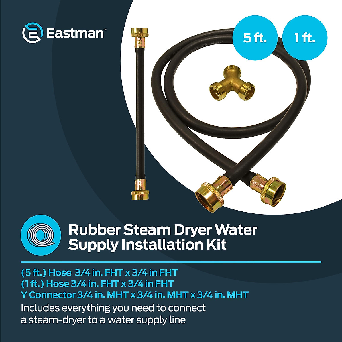 Eastman Rubber Steam Dryer Water Supply Installation Kit, 3/4 Inch FHT x 3/4 Inch FHT Connection, 5 Foot Flexible Hose, 41024