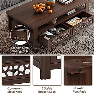Giantex 3-Tier Coffee Table, 47" Rectangular Center Table w/Acrylic Mirror Design, Wooden Table w/Large Tabletop, Open Shelf, 2 Drawers & 5 Support Legs, Accent Living Room Furniture (Brown)