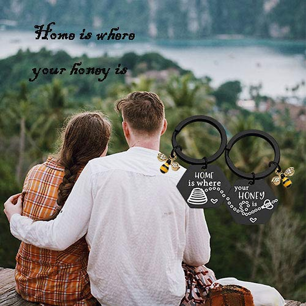 MAOFAED Matching Couples Keychains Honey Beehive Keychains Home is Where Your Honey Is Housewarming Couples Gift (your honey is black)