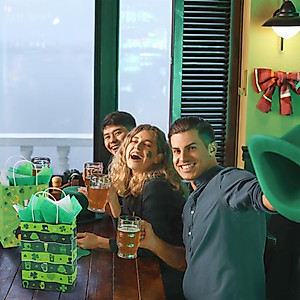 MIMIND 24 Pack St. Patrick's Day Gift Bags with 24 Sheets Tissue Paper Irish Green Clover Goodie Treat Bags with Handle Shamrock Theme Party Favor Bags for St. Patrick's Day Party Supplies, 8 Designs