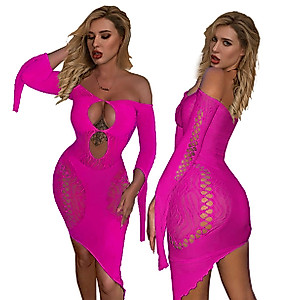 Neyysa Sexy Women Underwear Camisole Babydoll Lingerie Sets Bodysuit Nightgowns Sleepwear Long Sleeves Dress (Fluorescent Pink)